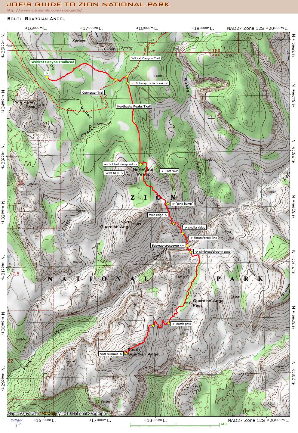 Joe's Guide to Zion National Park - South Guardian Angel Map